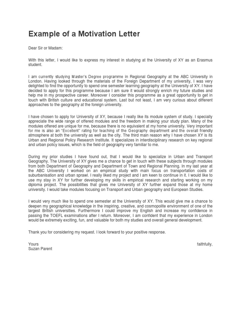Motivation Letter for Erasmus Application | PDF | Quality Of Life ...