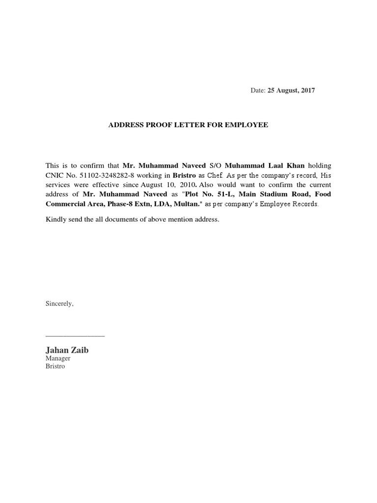 Address Proof Letter