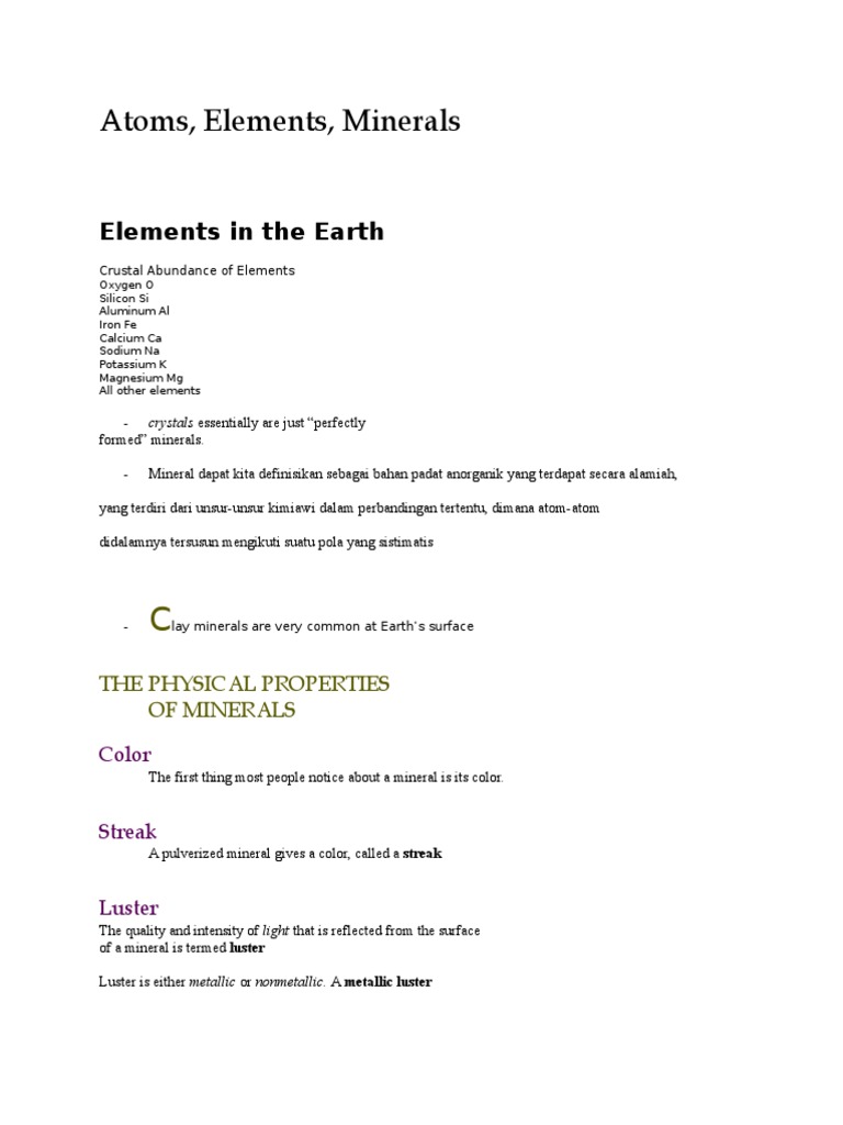 Atoms, Elements, Minerals: Elements in The Earth | PDF