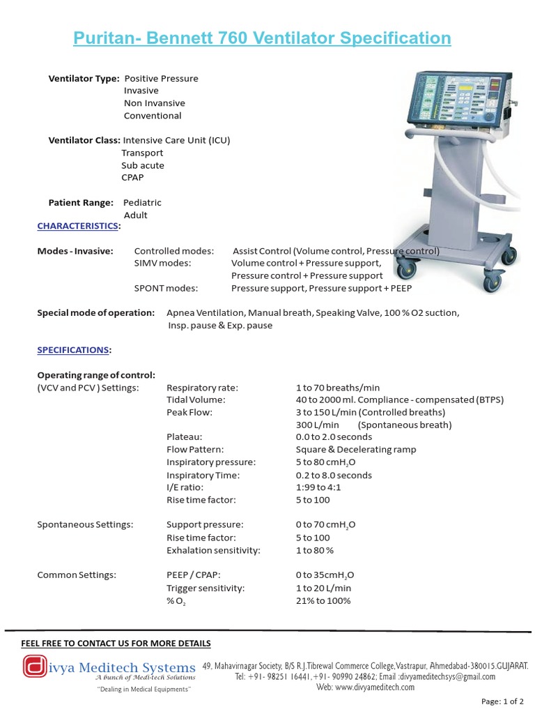 Puritan-Bennett 760 Ventilator Specification: Invasive Non Invansive ...