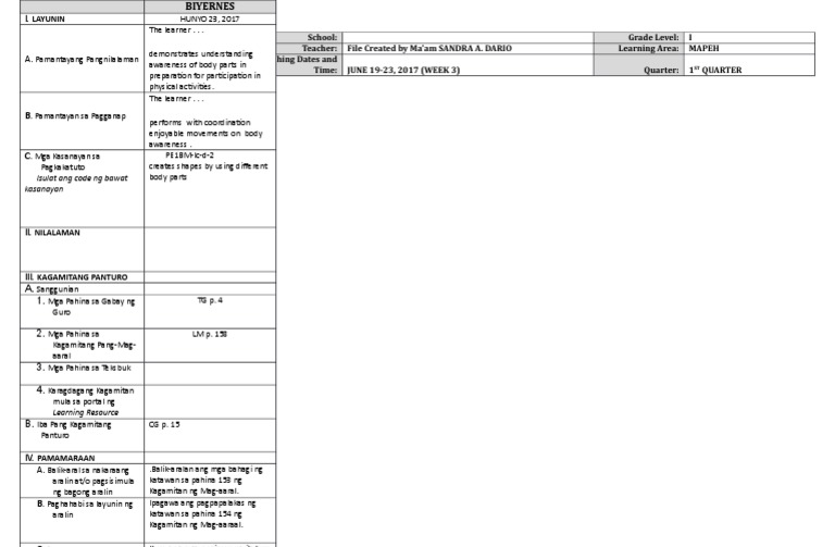 DLL - Mapeh 1 - Q1 - W3 | PDF