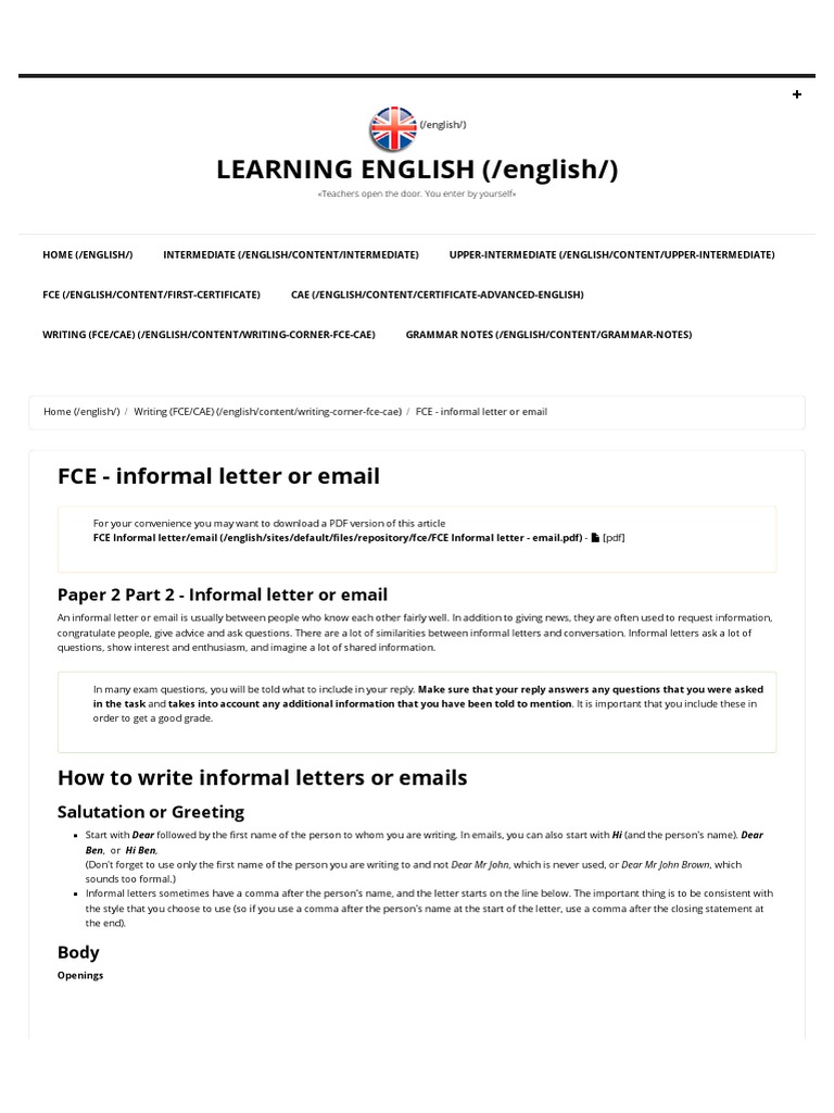 FCE - Informal Letter or Email - LEARNING ENGLISH | Download Free PDF ...