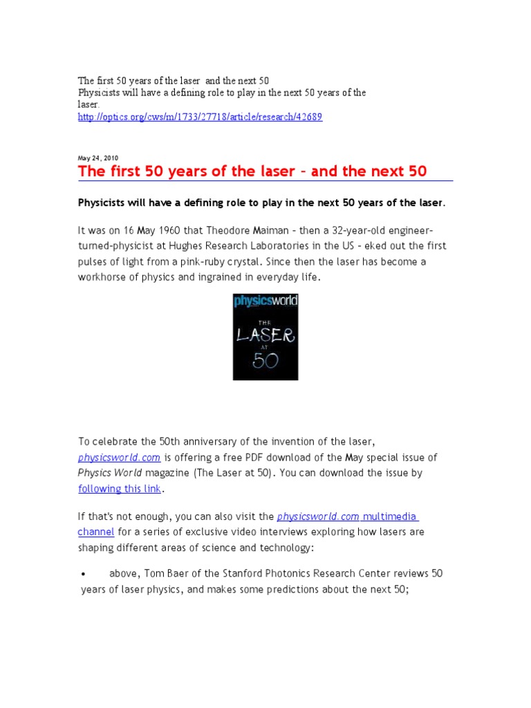 50 Years of Laser Innovation and Future | PDF | Laser | Optics