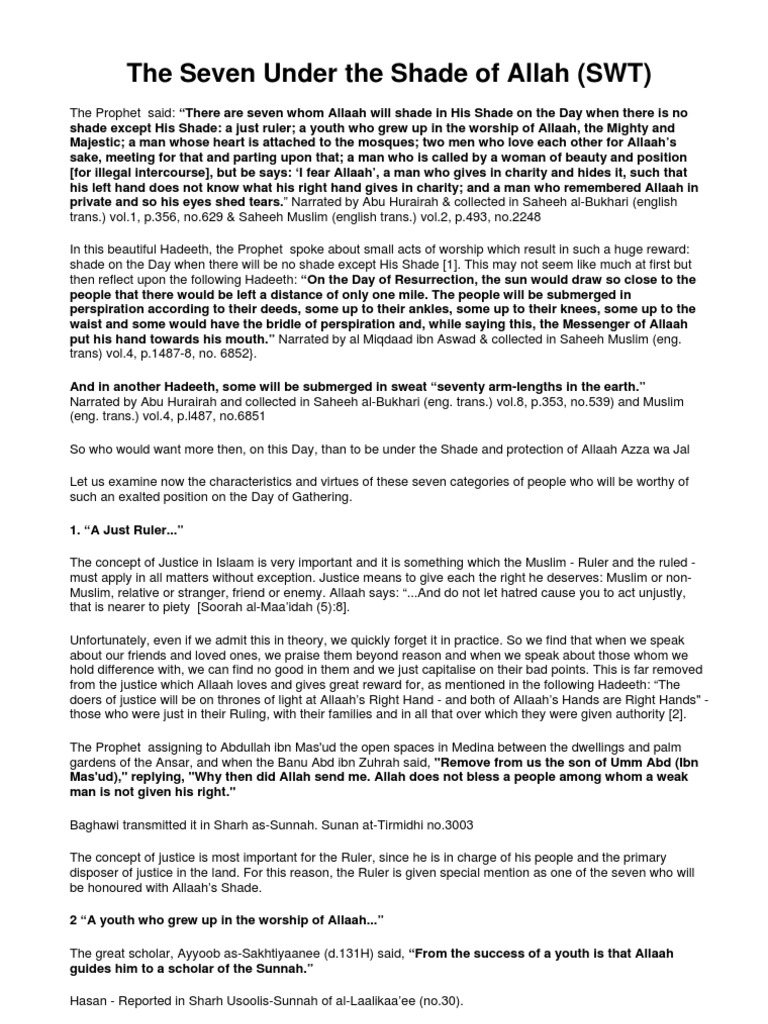 The Seven Under The Shade of Allah | PDF | Hadith | Muhammad