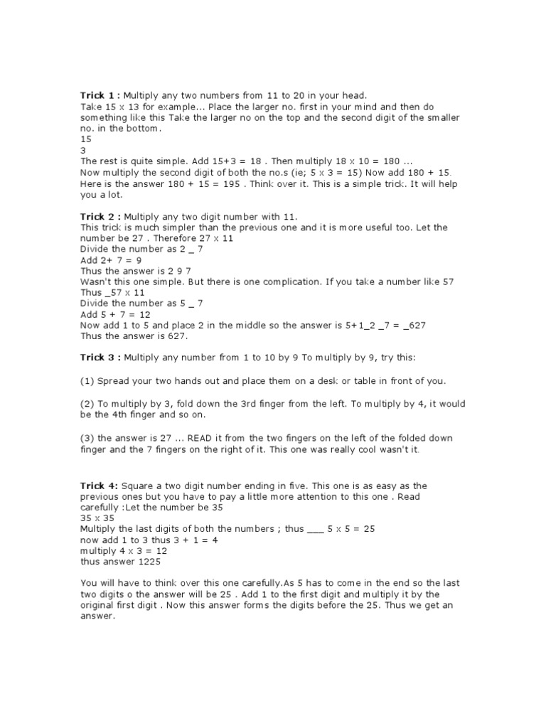 Tricks | PDF | Multiplication | Teaching Mathematics