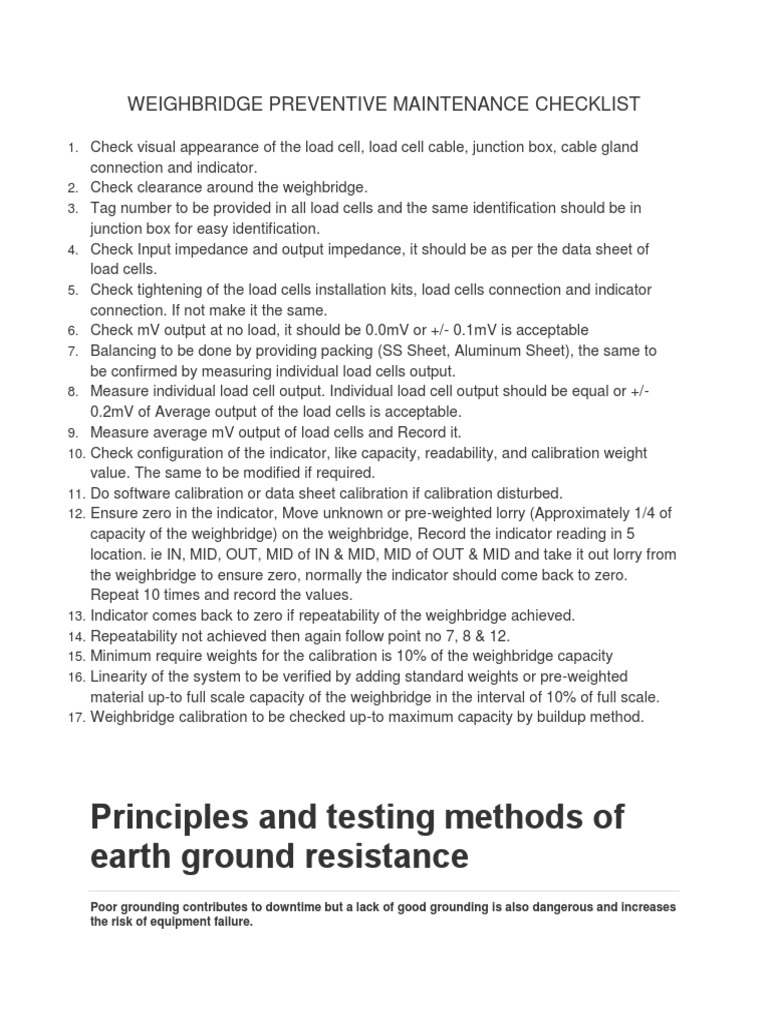 Weighbridge Preventive Maintenance Checklist | PDF | Electrical ...