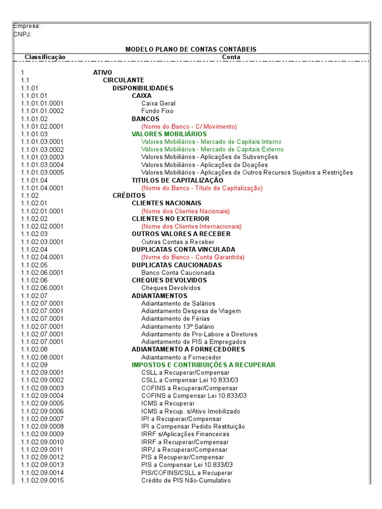 Planilha de Contas - Contabilidade