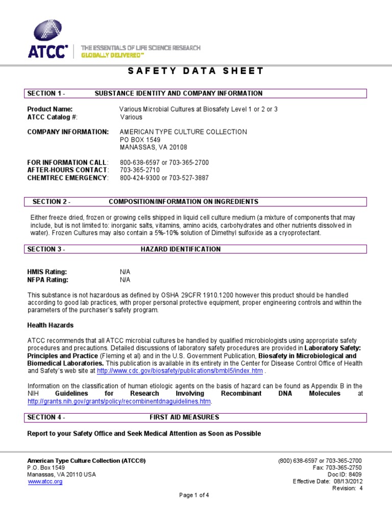 Safety Data Sheet: American Type Culture Collection (ATCC®) | PDF