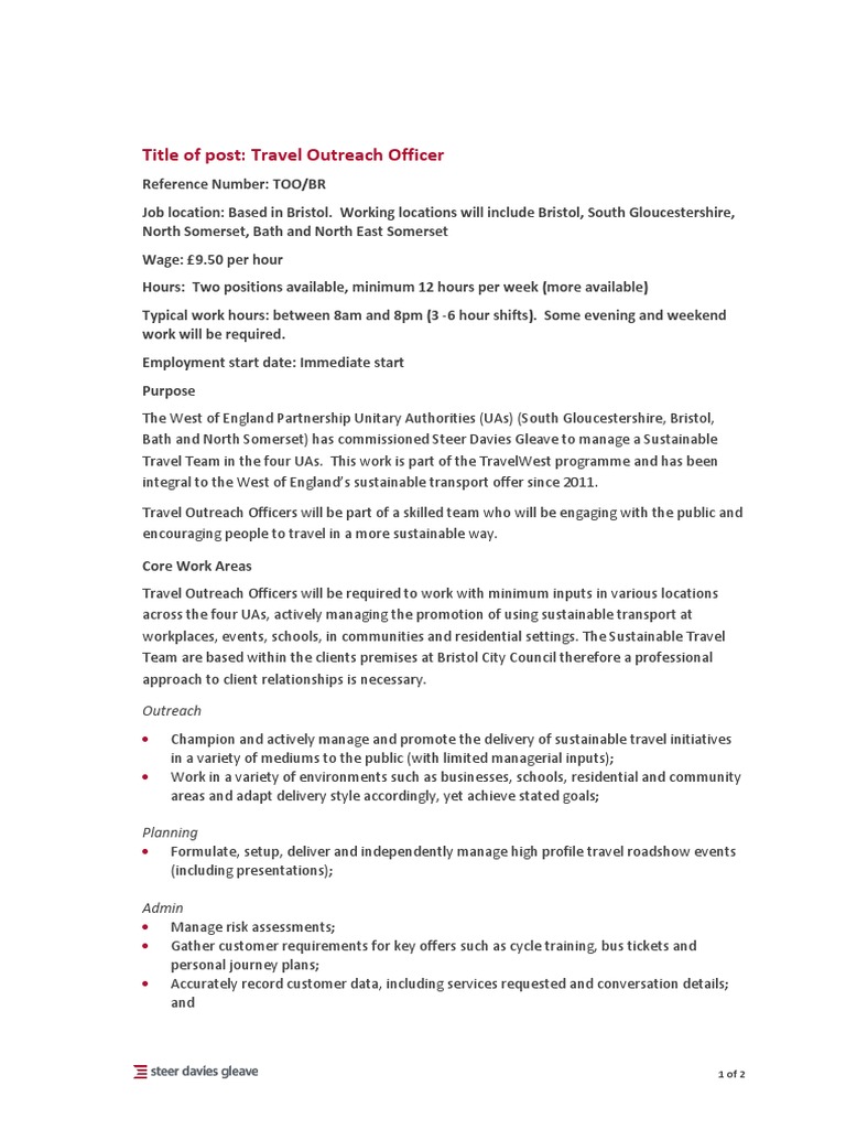 Travel Outreach Officer Job Spec | PDF | Somerset | Bristol