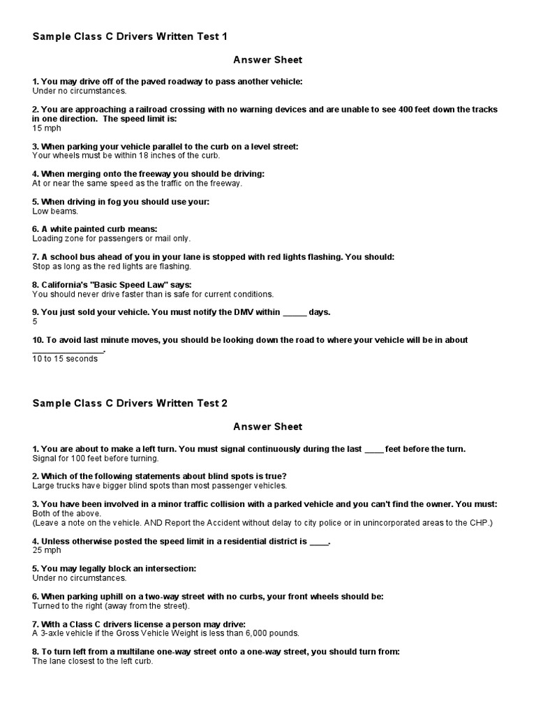 Sample Class C Drivers Written Test 1 Download Free Pdf Traffic 0198