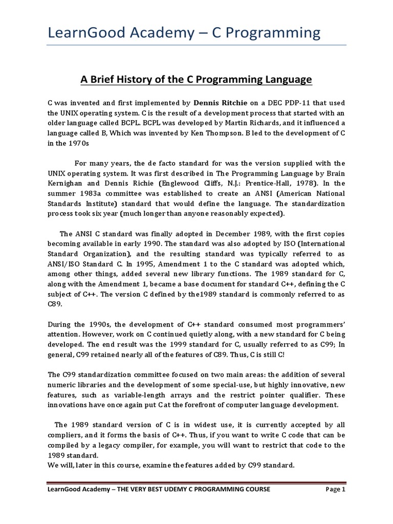Introduction and History of C Programming Language | PDF | C ...