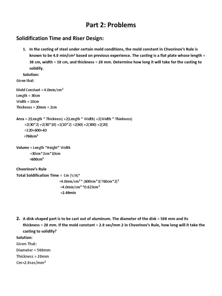 Part 2: Problems: Solidification Time and Riser Design | PDF | Casting (Metalworking) | Metals