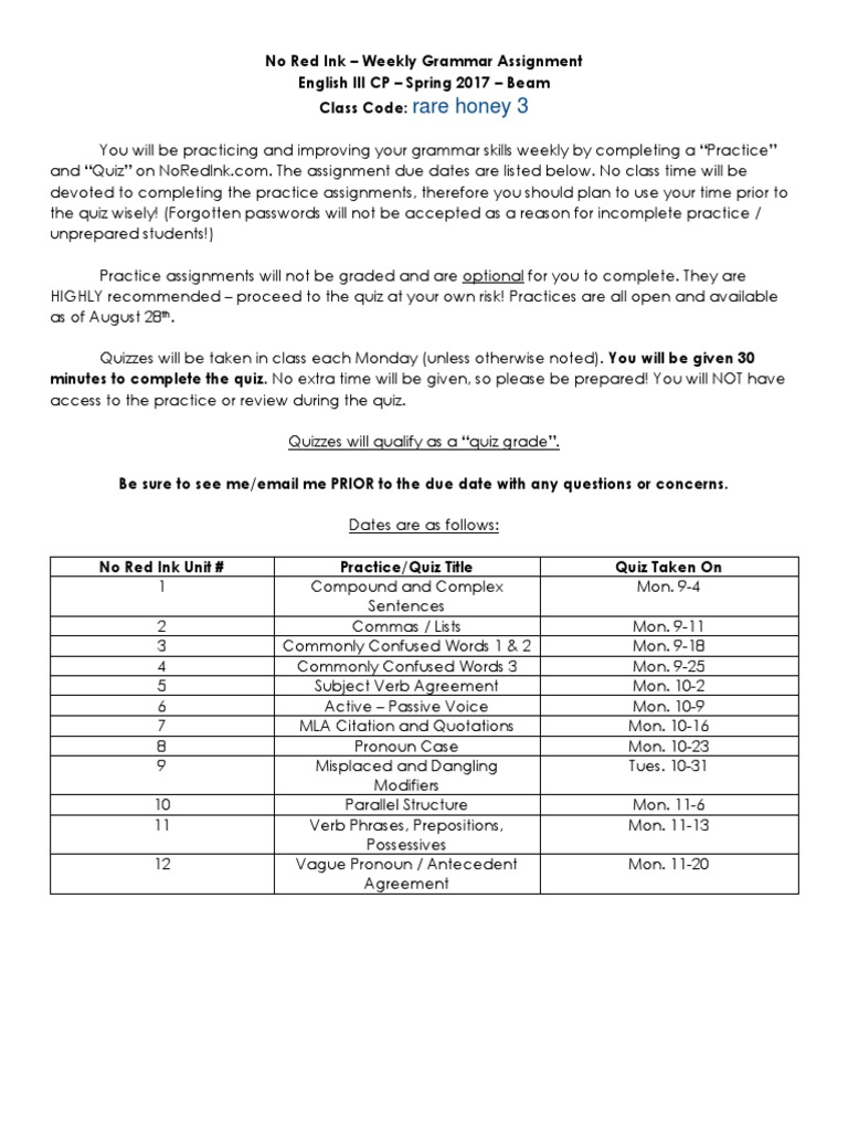 No Red Ink Assignment Sheet Eng III f2017 | Download Free PDF | Quiz ...