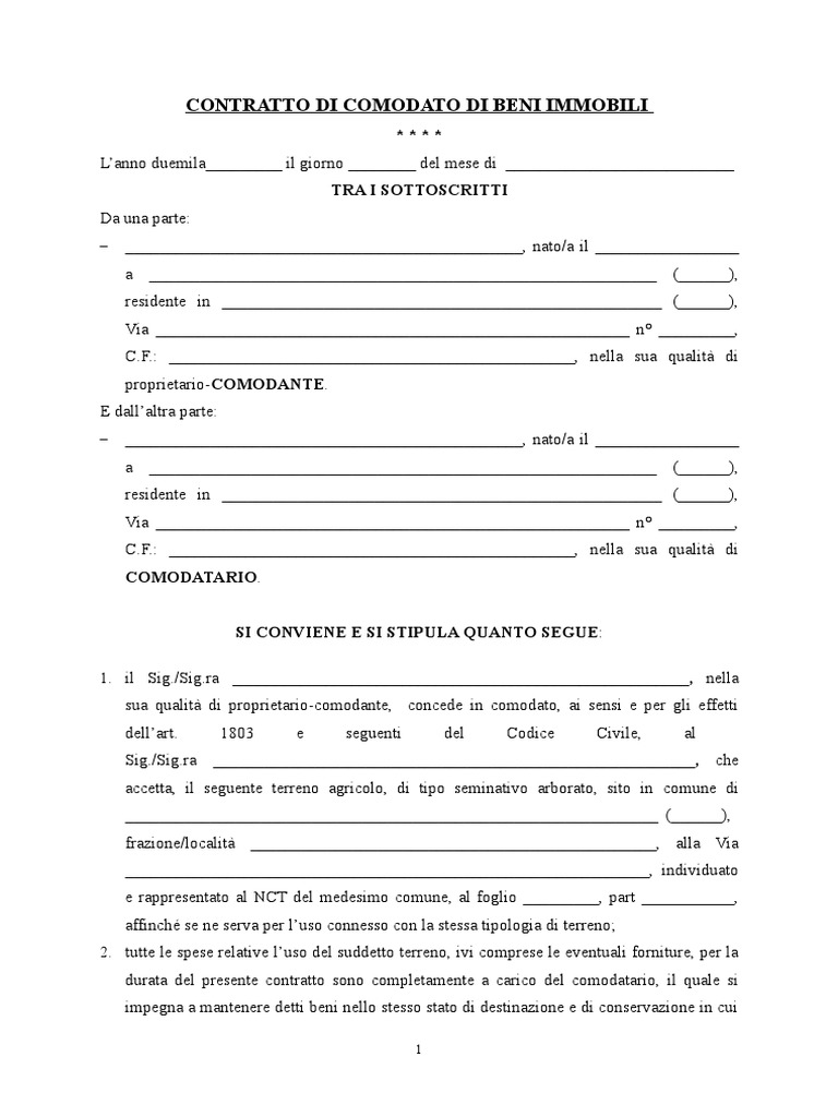 Contratto Di Comodato Contratto Di Comodato