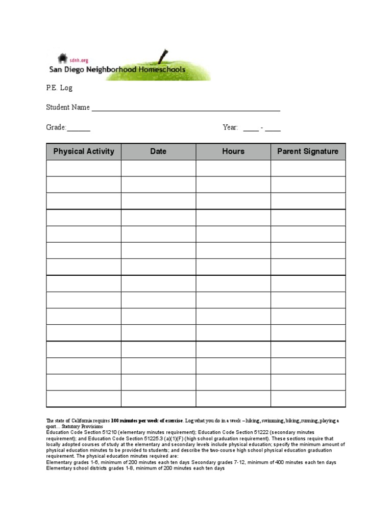 P.E. Log Student Name - Grade: - Year | PDF | Physical Education | Learning