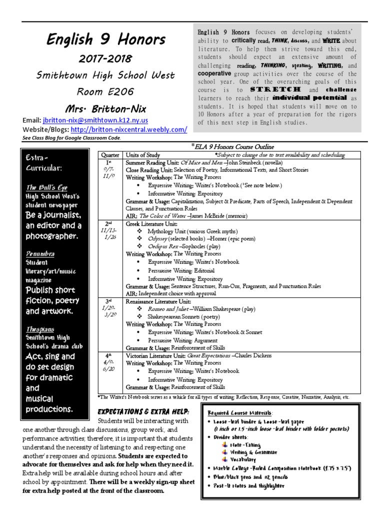 Blog 2017-18 9h Course Outline | PDF | Homework | Educational Assessment