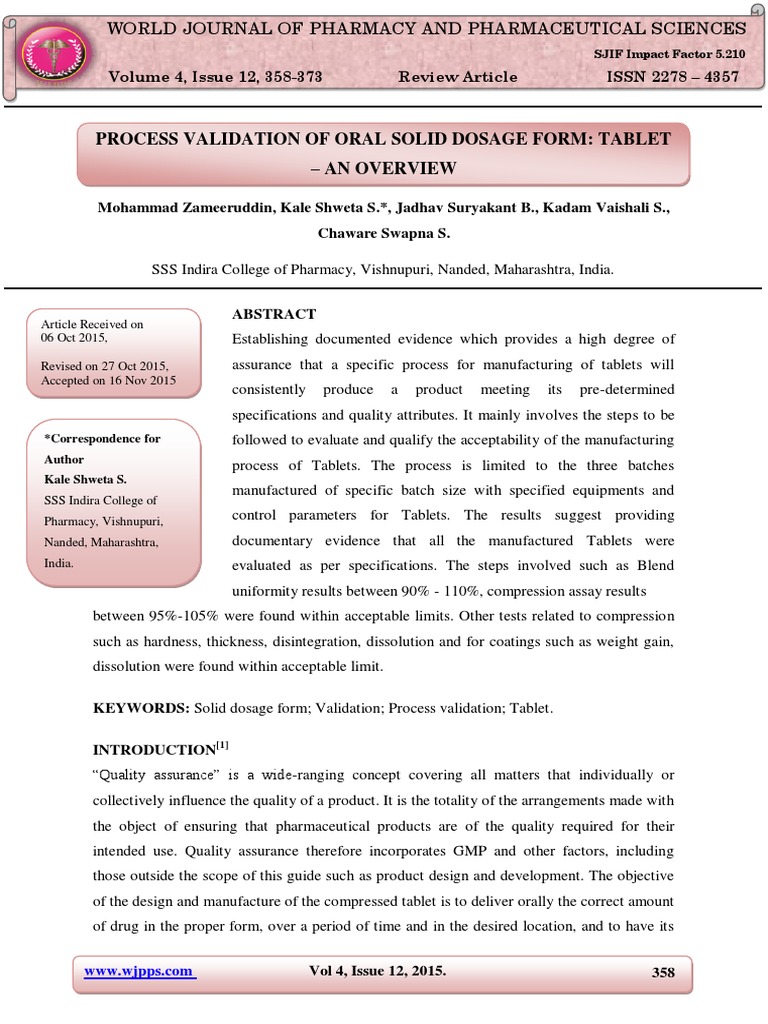 PROCESS VALIDATION OF ORAL SOLID DOSAGE FORM. TABLET-An Overview PDF ...