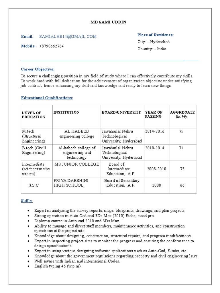Sami Uddin Civil Engineering Resume | PDF | General Contractor ...