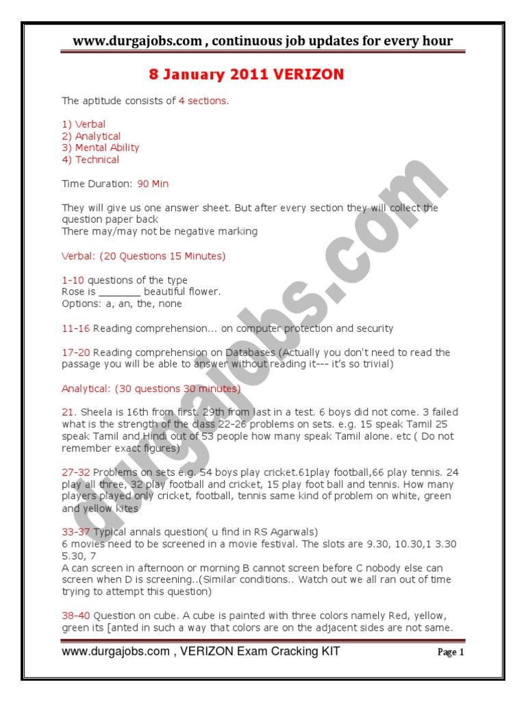 8 January 2011 VERIZON: 4 Sections. 1) Verbal 2) Analytical 3) Mental ...