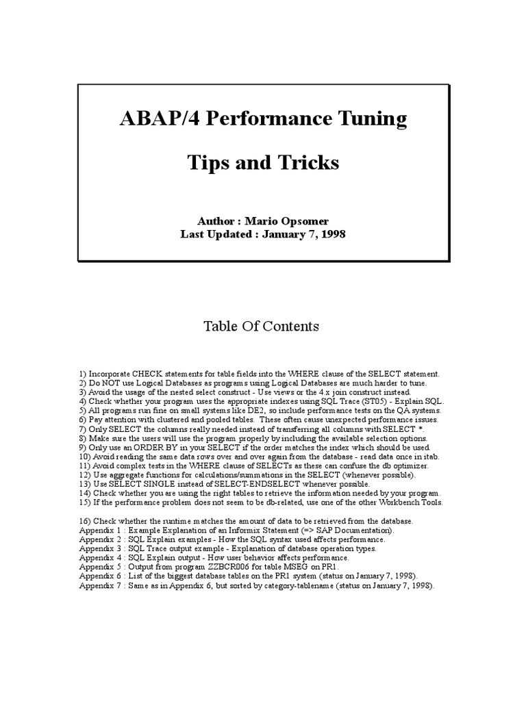 844 Abap4 Performance Tuning Tips and Tricks | PDF | Database Index | Sql