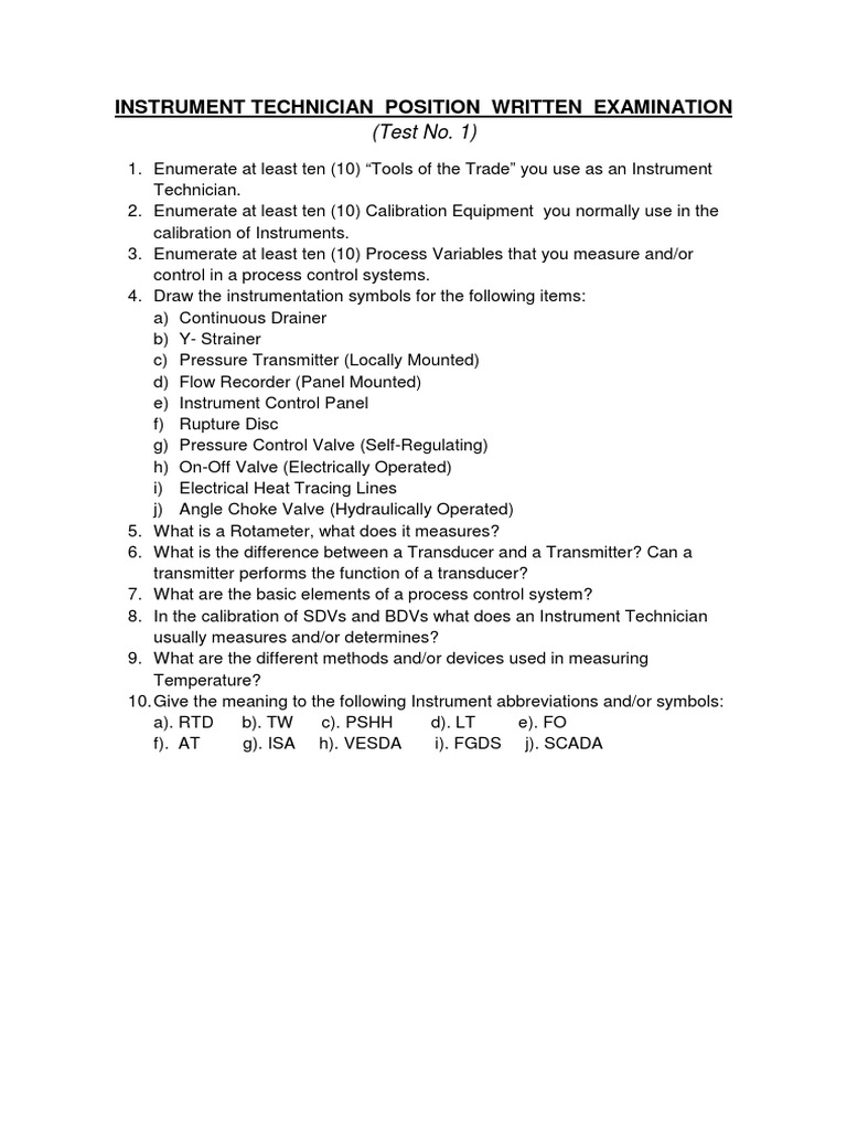 Instrument Technician Position Written Exam No PDF | PDF