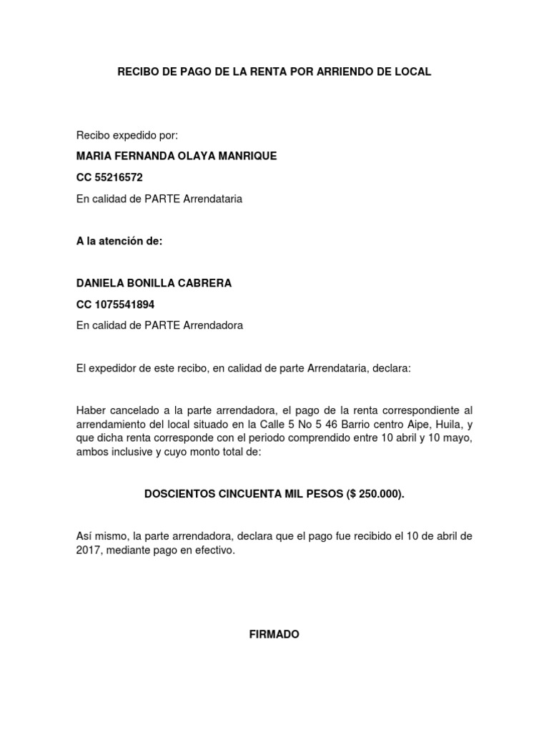 1. Recibo de Pago de La Renta Por Arriendo de Local