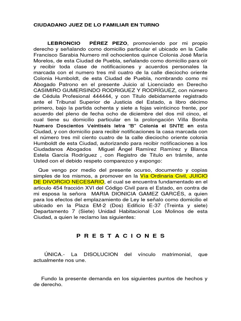 Ejemplo de Demandas Civiles | Divorcio | Demanda judicial