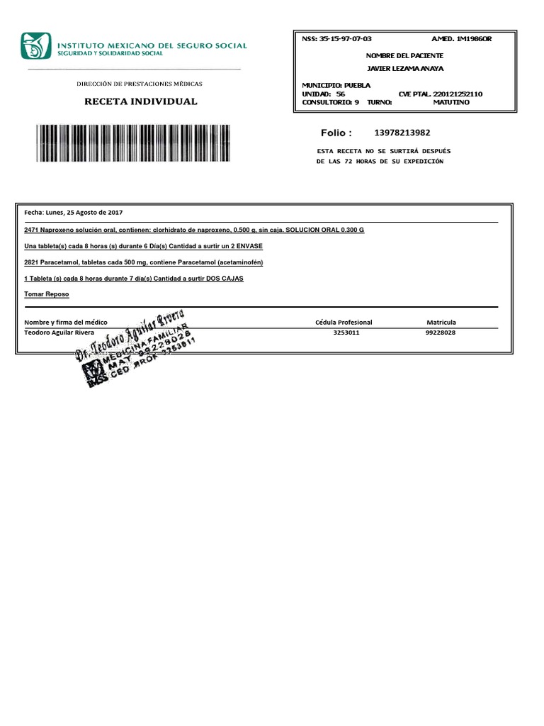 Receta médica para Javier Lezama Anaya con medicamentos para dolor y ...
