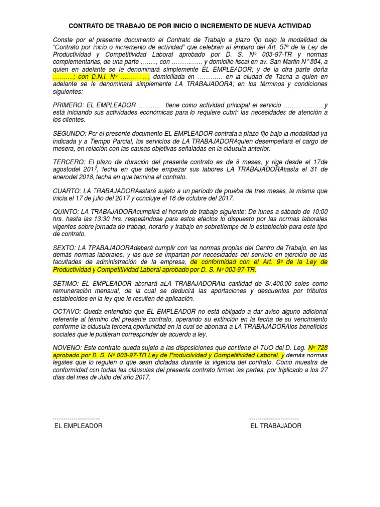 Contrato de Trabajo de Por Inicio o Incremento de Nueva Actividad | PDF | Derecho laboral ...