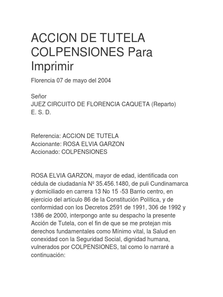 ACCION DE TUTELA COLPENSIONES para Imprimir | PDF | Derecho ...