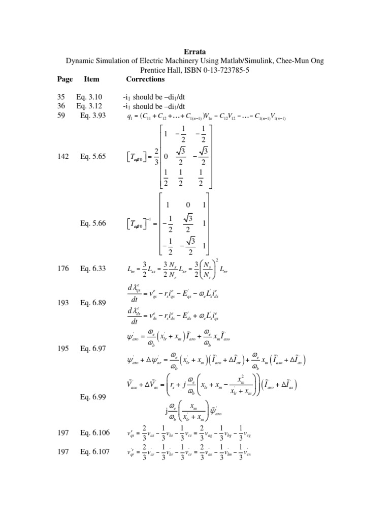 Corrections to Equations, Figures, and Text in "Dynamic Simulation of Electric Machinery Using ...