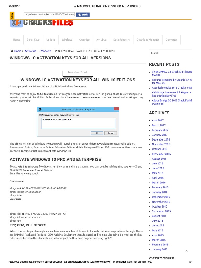 Windows 10 Activation Keys For All Versions | PDF | Original Equipment ...