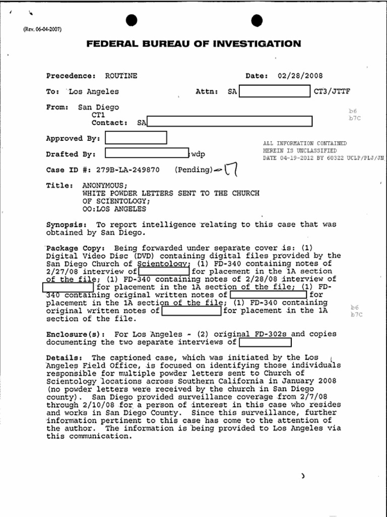 FBI 2008 Investigation of White Powder Letters To Scientology | PDF ...