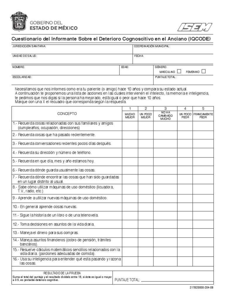 204 Cuestionario Del Informante Sobre Deterioro Cognoscitivo en El ...
