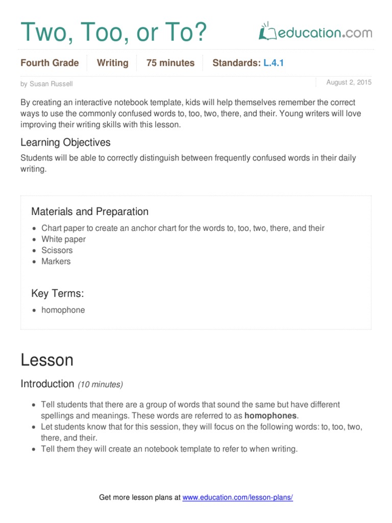 Two Too or To PDF | PDF | Lesson Plan | Pedagogy