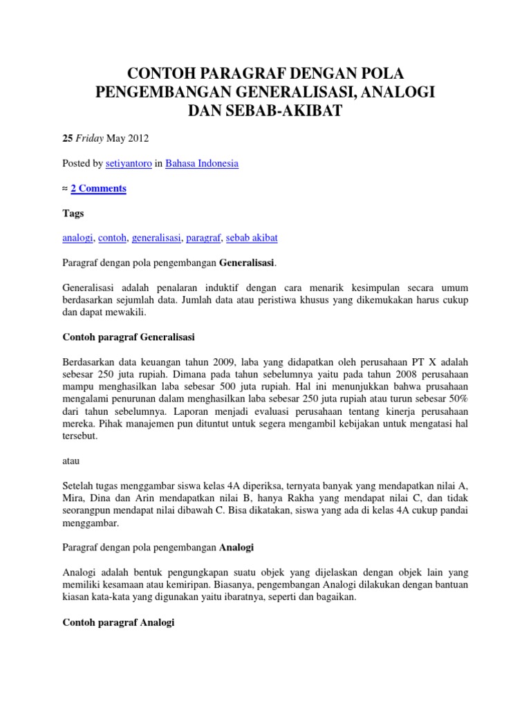 Contoh Paragraf Dengan Pola Pengembangan Generalisasi | PDF