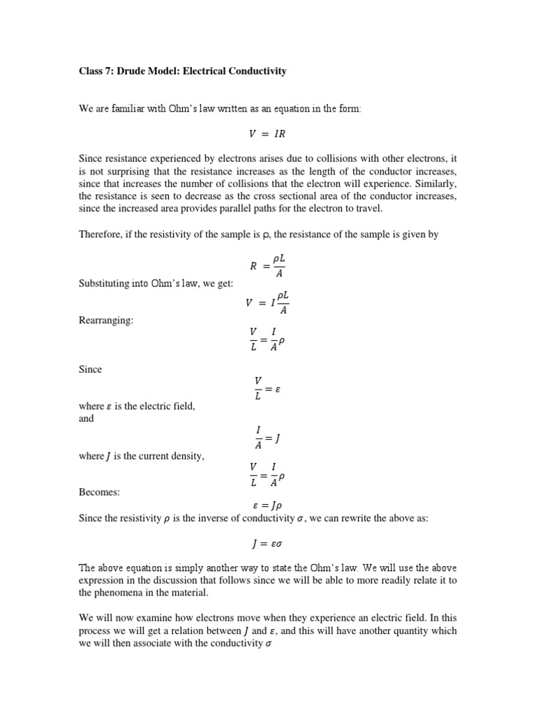 Class 7: Drude Model: Electrical Conductivity | PDF | Electrical ...