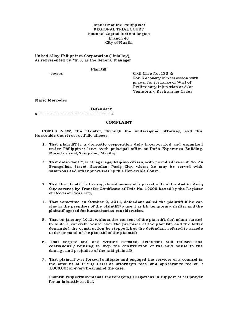 Complaint With Prayer For Injunctive Relief | PDF | Injunction | Separation Of Powers