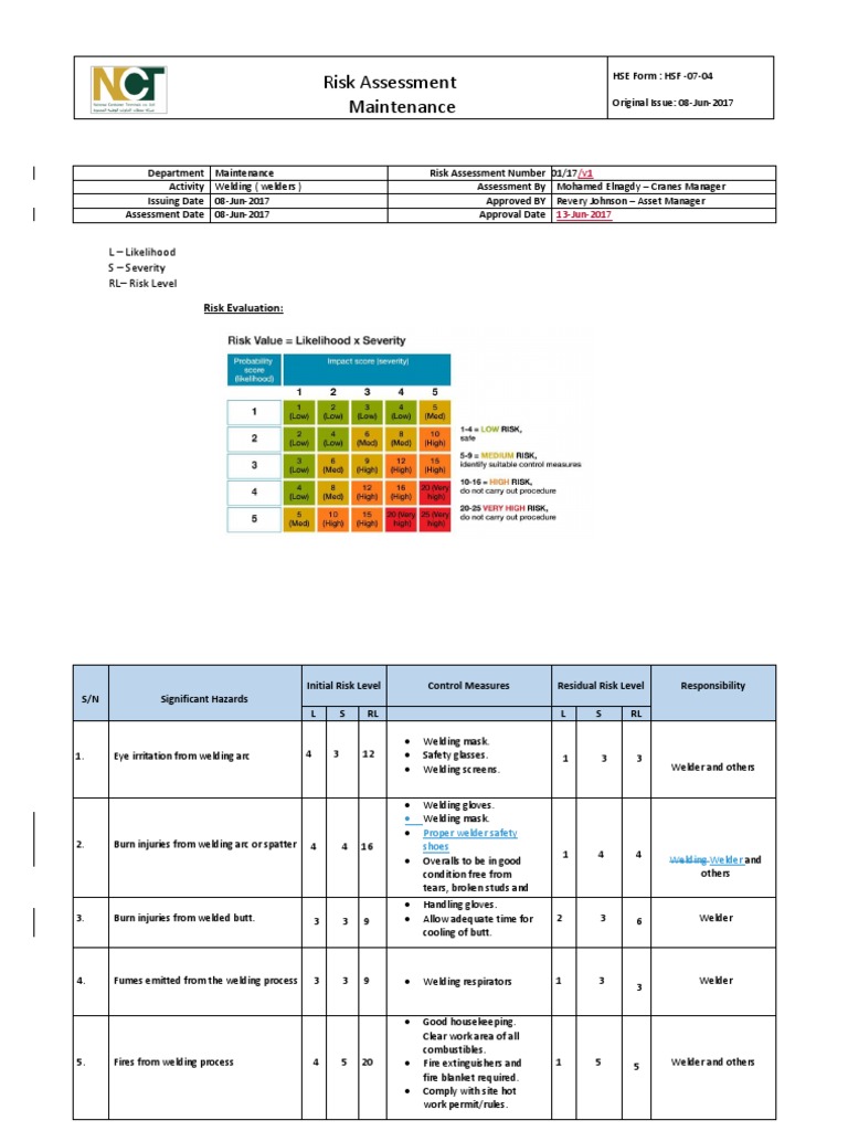 Risk Assessment (Welding) v01 | PDF | Welding | Construction