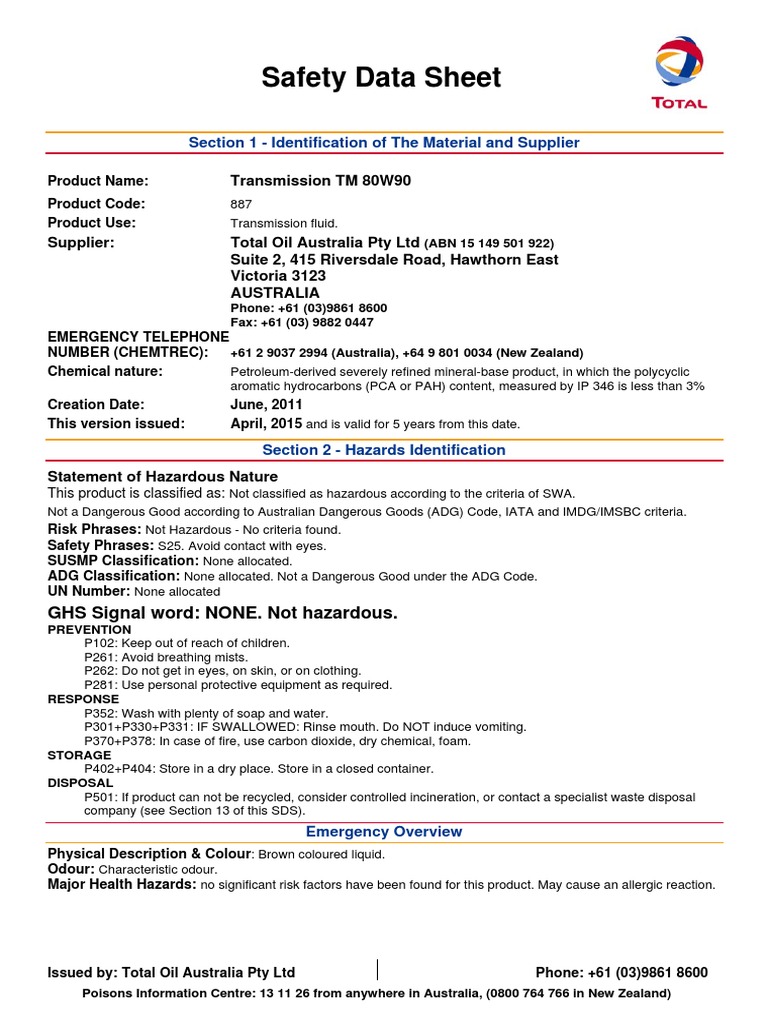Transmission TM 80W90 MSDS | Chemistry | Materials