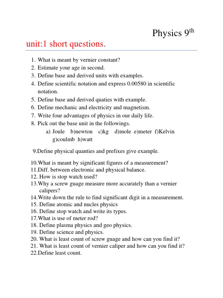 Physics 9th Grade Short Questions | PDF | Gravity | Mechanics