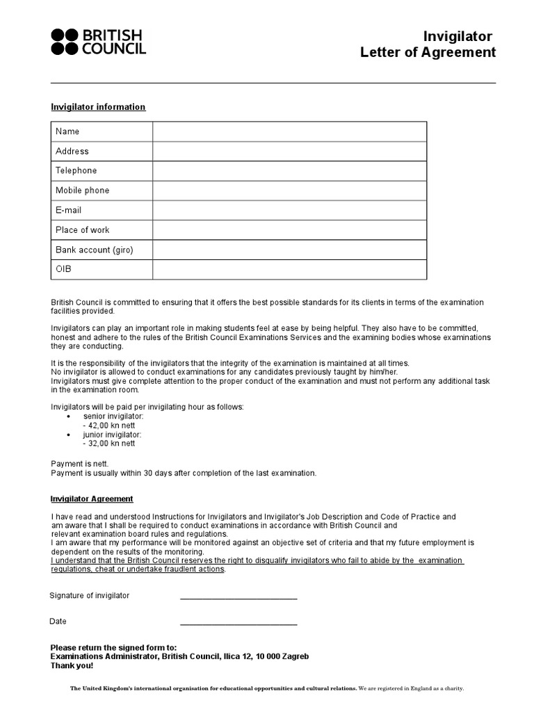 British Council Invigilator Agreement | PDF | Business | Finance ...