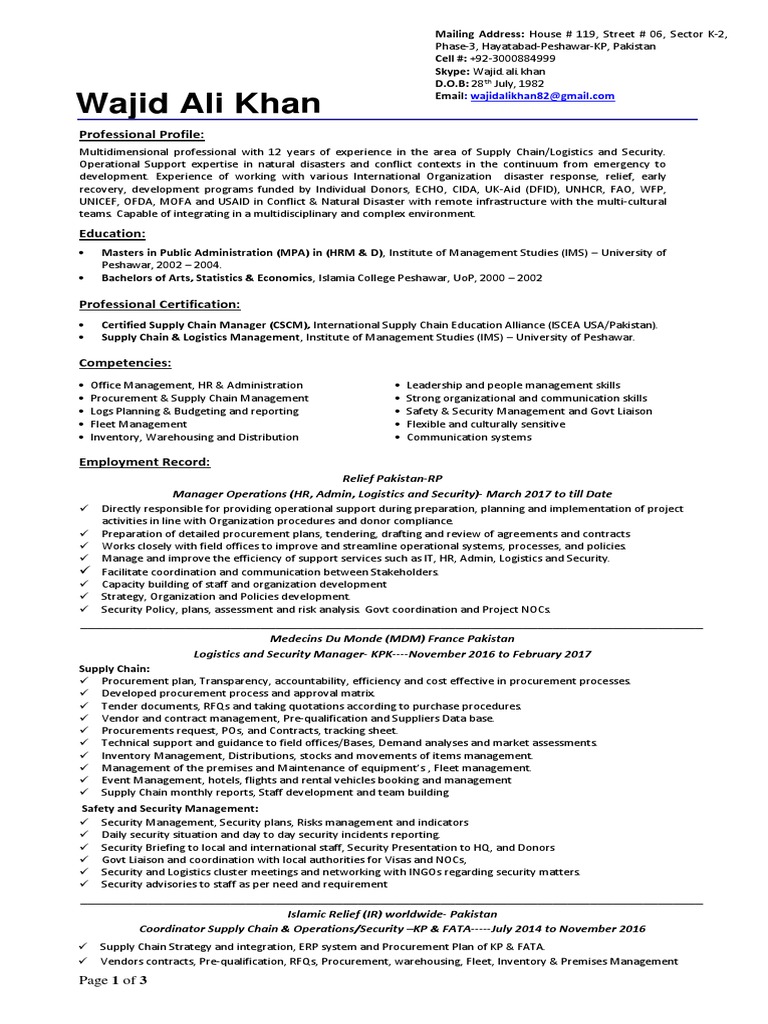 Wajid Ali Khan - CV | PDF | Logistics | Supply Chain