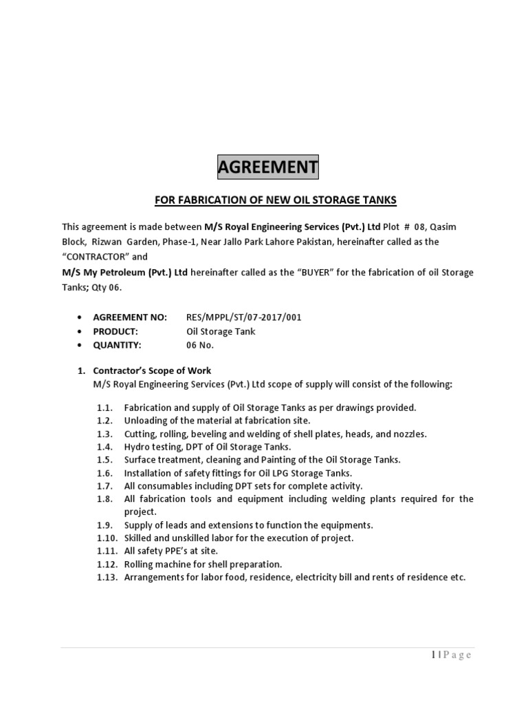 Agreement: For Fabrication of New Oil Storage Tanks | PDF | Metal ...