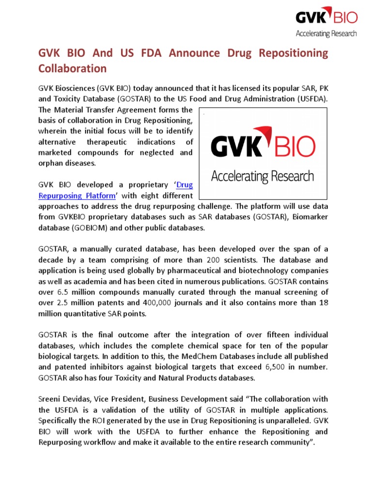 GVK BIO and US FDA Announce Drug Repositioning Collaboration | PDF ...