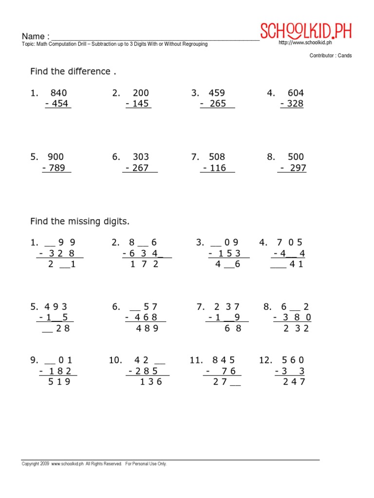 Name:: Topic: Math Computation Drill - Subtraction Up To 3 Digits With ...