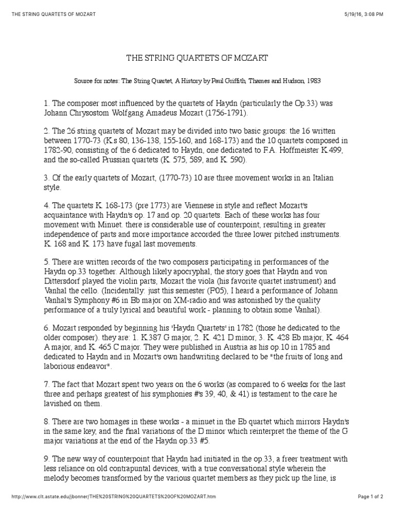 The String Quartets of Mozart | PDF | String Quartet | Quartet