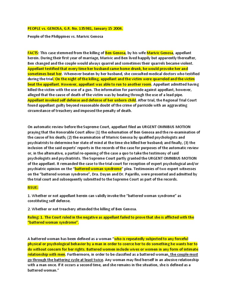 Digest - People vs. Genosa, G.R. No. 135981, January 15 2004 | PDF ...