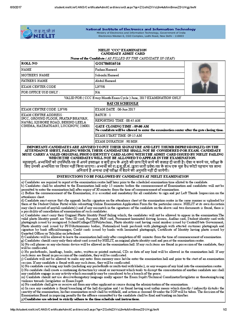 Student - Nielit.in CAND CertificateAdmitCardVersion3 | PDF | Identity ...