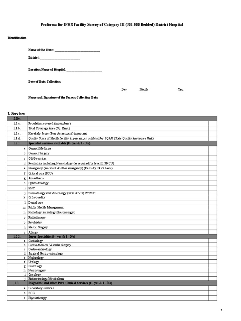 Proforma for IPHS Facility Survey of District Hospital | PDF ...